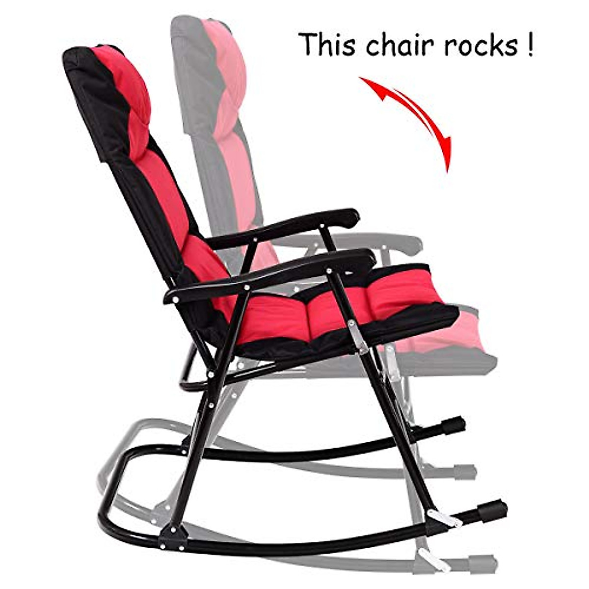 Giantex 3 PCS Folding Bistro Set Outdoor Patio Rocking Chairs Round Table Set 2 Rocking Chairs w/Glass Coffee Table for Yard, Patio, Deck, Backyard Padded Seat (Red & Black)