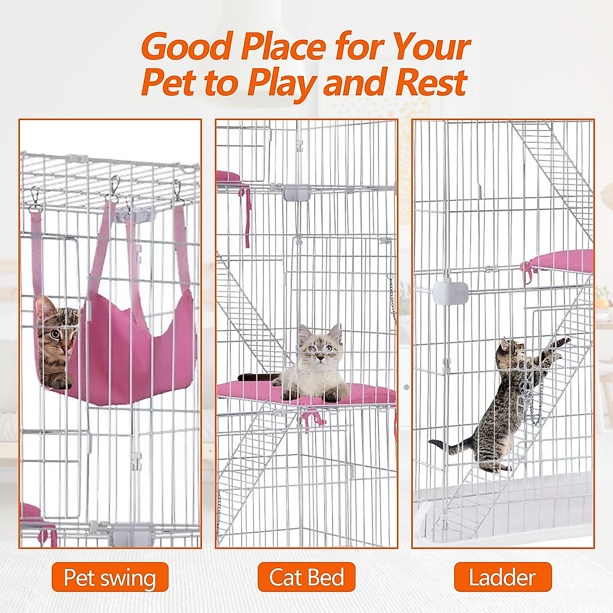 BIQWBIC 3-Tier 67 Inch Large Cat Cage, White, Collapsible, Hammock, 3 Cat Beds, 2 Ramp Ladders, Easy Litter Cleaning, Quick Installation