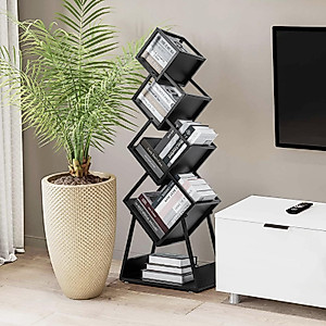uyoyous Tree Bookshelf 5 Tier Tree Bookcase Metal Bookshelf Standing Bookshelf Modern Bookshelf for CDs/Movies/Books, Storage Shelves for Bedroom, Living Room, Home Office, Black