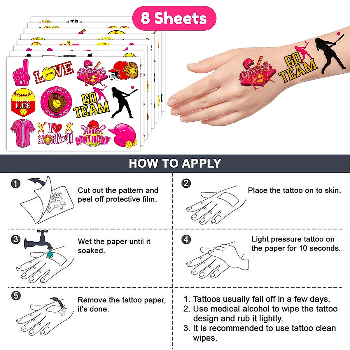 8 Sheets (96PCS) Softball Temporary Tattoos Sports Themed Birthday Party Decorations Favors Supplies Decor Stickers For Girls Boys Kids Gifts Classroom School Prizes Rewards