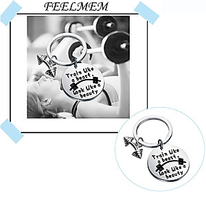 FEELMEM Workout Gift Fitness Gift Train Like a Beast Look Like a Beauty Sports Quotes Bodybuilding Keychain Gift for Bodybuilder Personal Trainer (Silver)