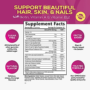 Sugar Free Hair Vitamins Gummies with Biotin 5000 mcg, Vitamin A, B12, C, D, E, Folic Acid, Supports Hair Growth Gummy, Vegetarian Friendly, Supports Strong Beautiful Hair and Nails - 120 Gummies