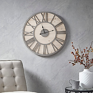 Madison Park Mason Large Wall Clock for Living Room Décor, 23.6 Inch Round Metal Fir Wood Frame, Quartz Battery Operated, Farmhouse Cottage Country Home, Bed, Bath, Rustic Kitchen - Natural/Grey