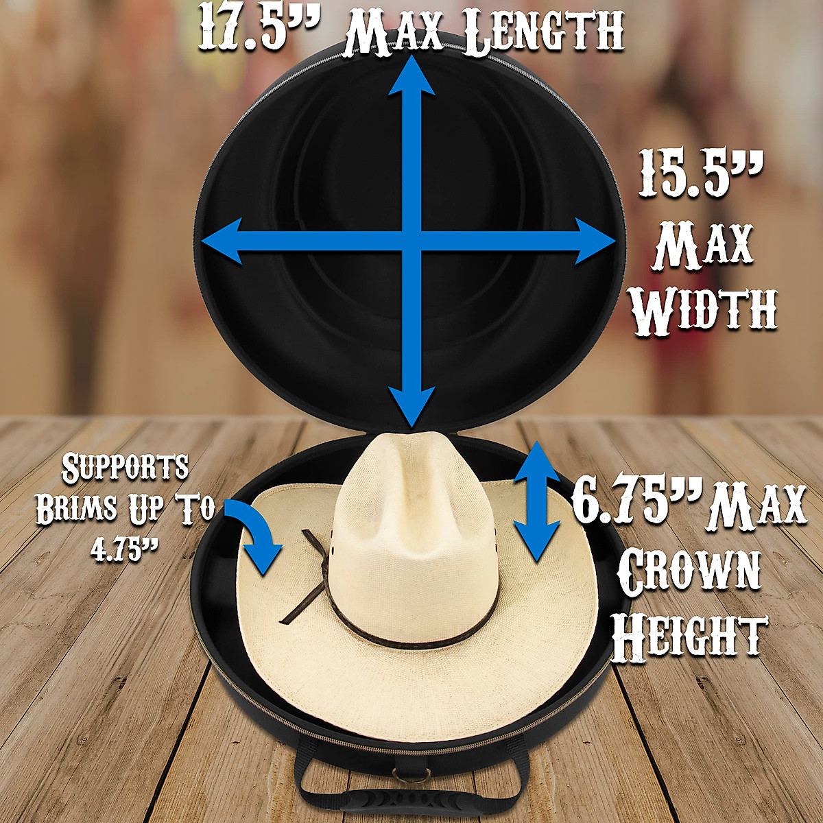 CASEMATIX Cowboy Hat Box and Portable Cowboy Hat Storage for Brims Up To 4.75" - Hard Shell Cowboy Hat Case with Carry Strap, ID Slot and Foam Insert for Dipping Brims