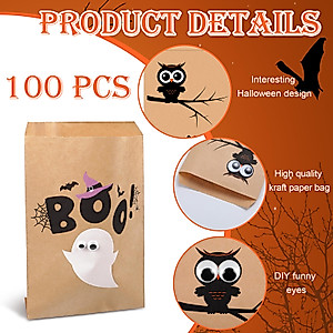 Qilery 100 Pcs Halloween Kraft Paper Treat Bags for Candy Halloween Goodie Bags with 200 Googly Eyes Trick or Treat Bulk Gift Bags for Kids Snack Popcorn Sandwich Cookie Bread Food Party Supplies
