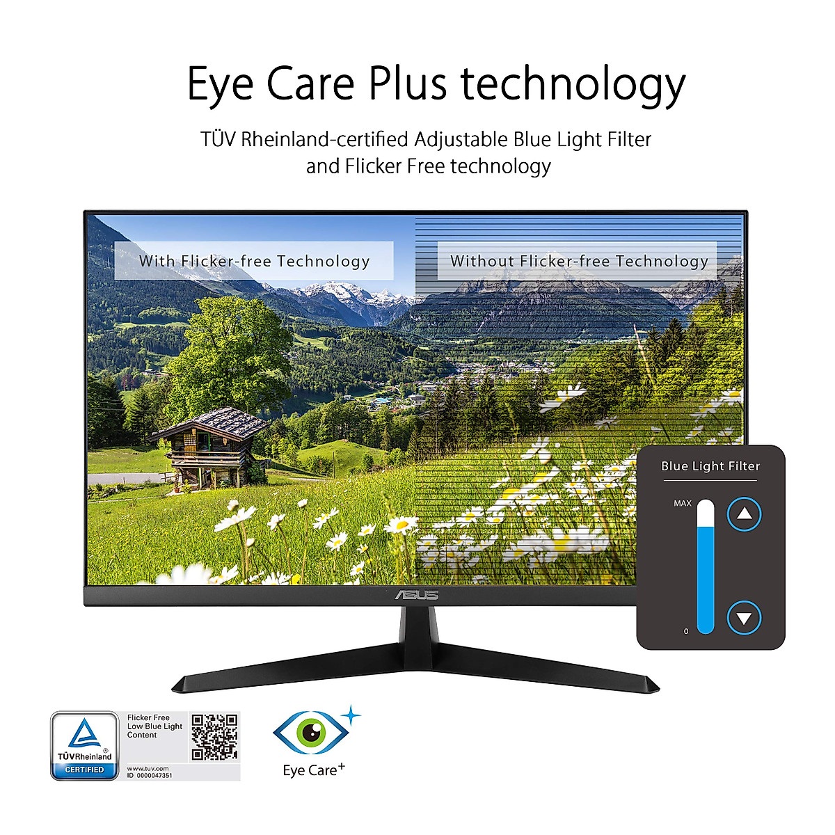 ASUS VY279HE 27” Eye Care Monitor, 1080P Full HD, 75Hz, IPS, 1ms, Adaptive-Sync, Eye Care Plus, Color Augmentation, HDMI VGA, Frameless, VESA Wall Mountable