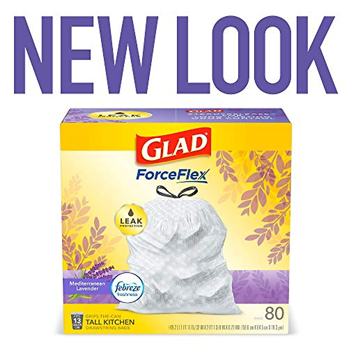 Glad ForceFlex Tall Kitchen Drawstring Trash Bags 13 Gallon White Trash Bag, Mediterranean Lavender scent with Febreze Freshness 80 Count (Package May Vary)