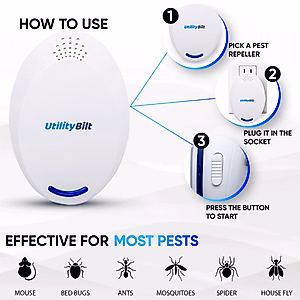 UtilityBilt Ultrasonic Pest Repeller indoor 4 Pack Pest Repellent Ultrasonic Plug in for Home and Kitchen | Mouse Repellent | Eco-Friendly Safe for Humans, Bug Repellent for Pest Control, mice, Spider