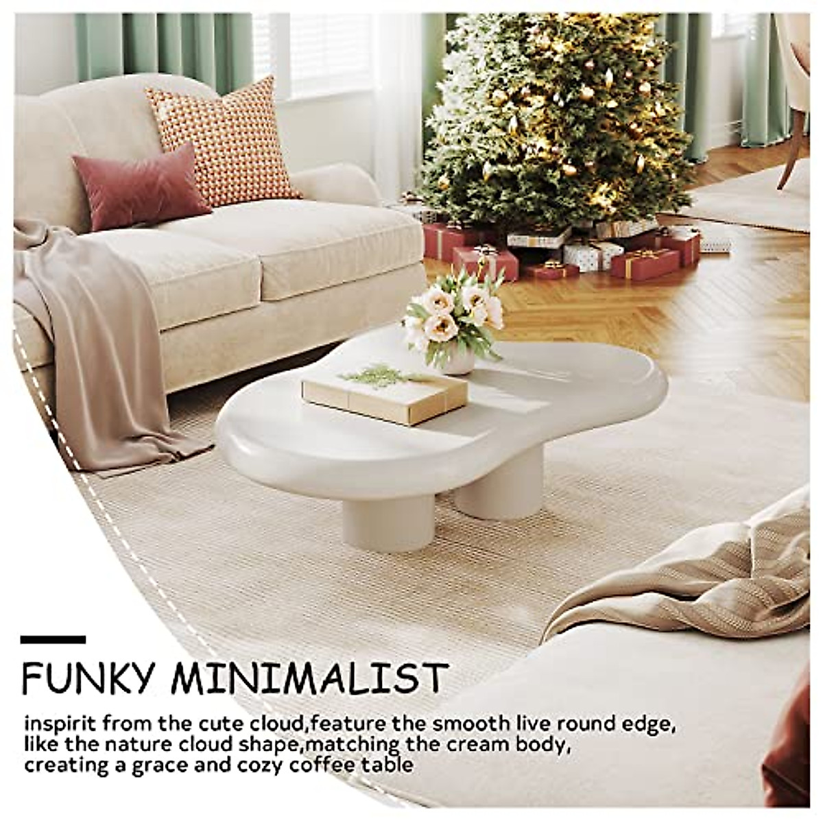 HOTICKME Cloud Coffee Table for Living Room, Cream Color Center Table, 47.24" Central Table with 3 Legs, Simple Style End Table