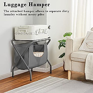 ELYKEN 2 Pack Luggage Rack with Laundry Bag, Guest Room Folding Space Saving Suitcase Holder, Max 110LBS Baggage Shelf with Heavy Duty Nylon Belts, Dirty Clothes Storage for Bedroom Hotel