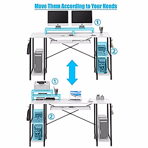 White Desk with Keyboard Tray, 55 INCH Desk with Storage Shelves Modern Computer Desks for Home Office Study Desk with Monitor Shelf Industrial PC Desk Studio Desk with Iron Hooks, Easy to Assemble