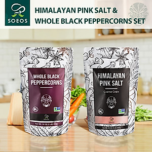 Soeos Whole Black Peppercorns 16oz + Himalayan Pink Salt 2lb, Salt and Pepper for Grinders, Black Peppercorn Refil, Pink Himalayan Sea Salt, 2 Piece Set