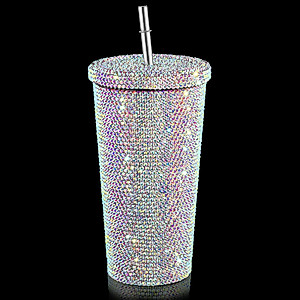 Studded Bling Diamond Tumbler Glitter Water Bottle with Lid Stainless Steel Vacuum Thermal Straw Tumbler Rhinestone Tumbler with 1 Pcs Cup Brush 6 Pcs Straw Brushes for Women(AB Color, 16.9 oz)