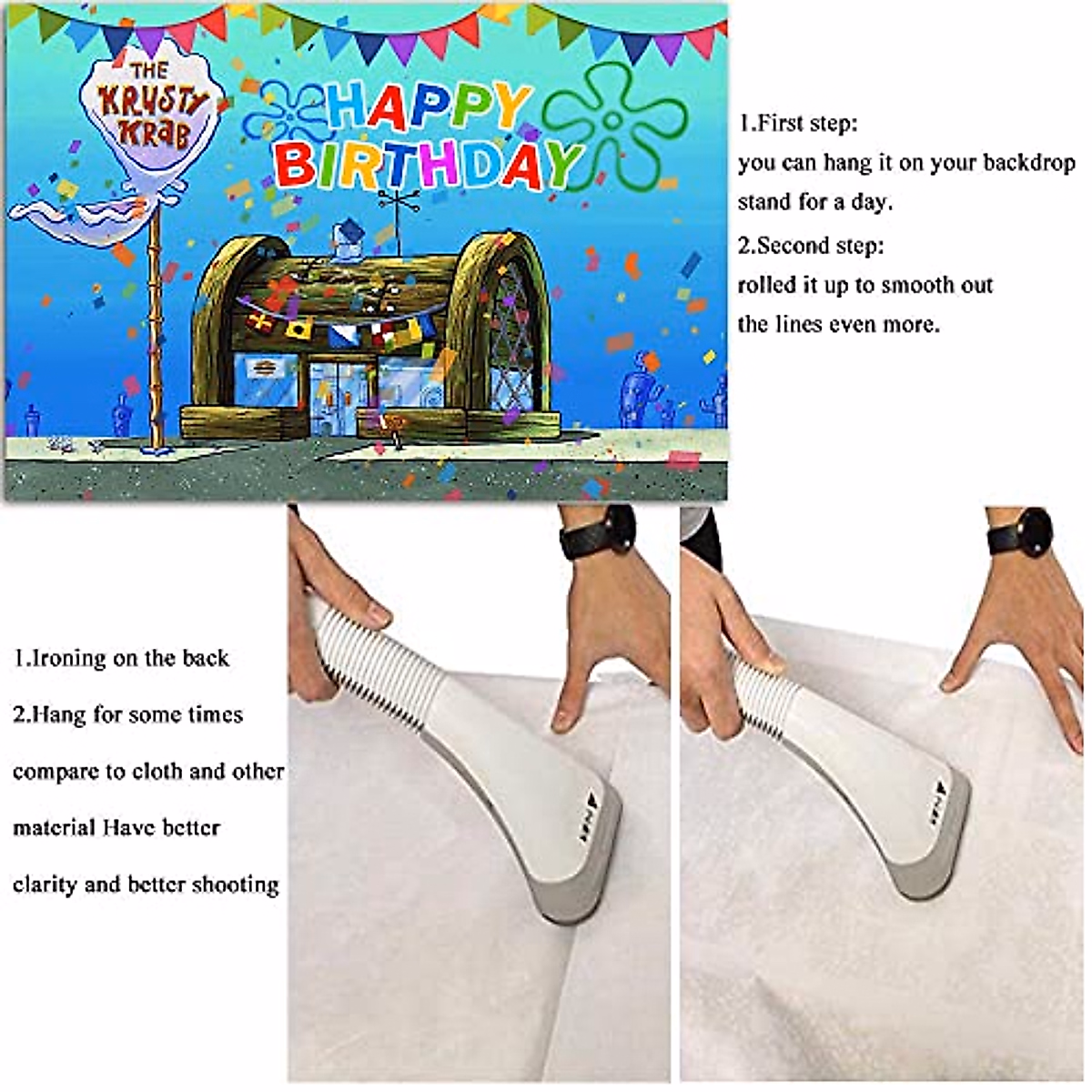 QHY Cartoon Animation Spongebob Theme Photography Backdrop Children Happy 1st Birthday Party decors Banner The Krusty Krab Photo Background Vinyl Baby Shower Booth Studio Props 8x6FT
