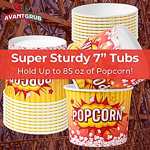 Greaseproof Retro 85oz Popcorn Buckets 25 Pk. Reusable and Durable Pop Corn Tubs in Red Yellow. Large Disposable Containers Perfect For Movie Night, Theme Party, Theater, Carnivals & Fundraisers.