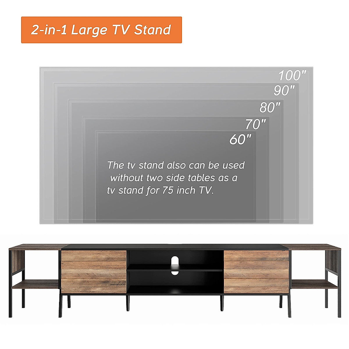 WAMPAT Mid-Century TV Stand for 100 Inch TV, Wood Entertainment Center for 85 90 95 inch TV Console Table with Open Storage for Living Room Bedroom,Black&Brown