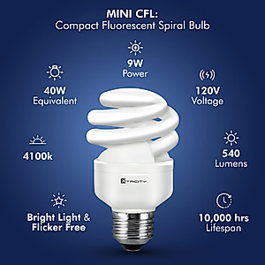 Xtricity Compact Fluorescent Light Bulb T2 Spiral, E26 Base, 9W (40 Watt Equivalent), 4100k Cool White, 540 Lumens, CFL, 120V - UL Listed, (4 Pack)