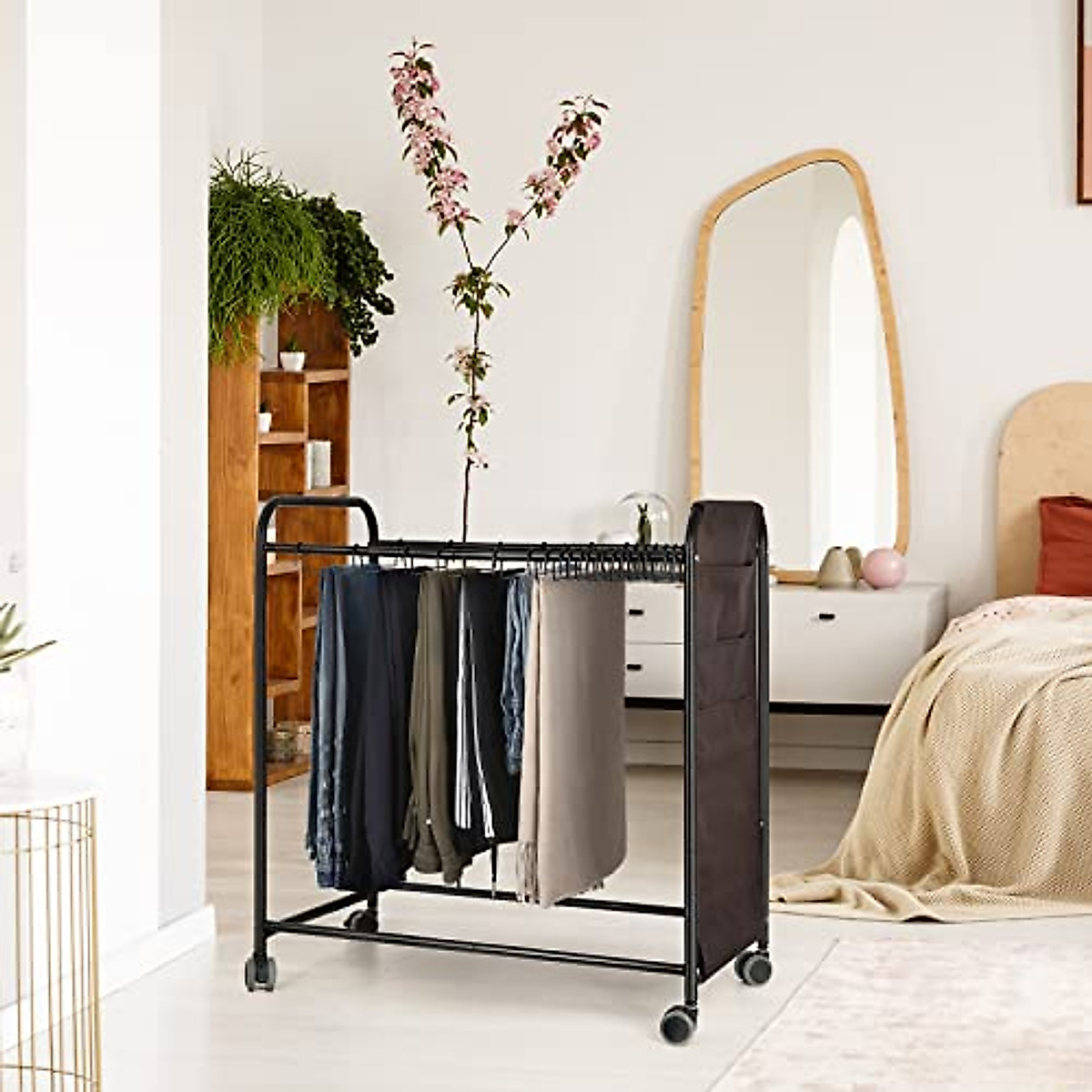 Pants Hanger Rolling Pants Trolley Pant Rack with 20 Hangers and Side Bag Multifunctional Closet Organizer for Jeans Scarf Skirts Trouser Blanket, Black