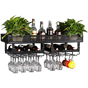 Metal Wine Rack Wall Hanging Wine Bottle Storage Rack Wine Glass Holder Wall Décor for Home Interior Champagne Stemware Goblet Organization Display Shelf (Color : Black)
