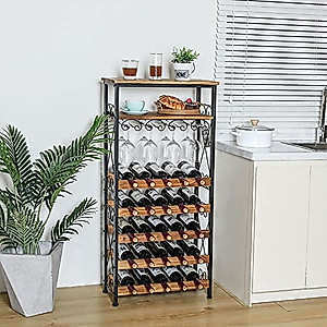 Floor Wine Rack 25 Bottles with Wine Glass Holder Rack, Freestanding Wine Rack with Table Top and Open Shelf, Wobble-Free Wine Bottle Organizer Shelf, Wine Display Storage Stand for Kitchen Pantry Bar