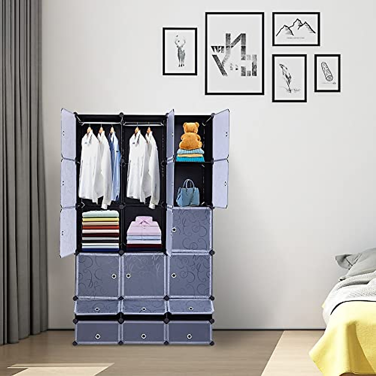 Cffuvros 18-Cube DIY Plastic Closet Cabinet, Storage Cube Organizer with Doors and Clothes Rod, Stackable Closet Shelf for Bedroom, Plastic Space Saver for Home, Living Room, Office