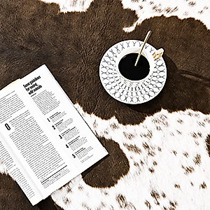 Rostyle Faux Cowhide Rug 5.2 x 4.6 Feet, Cute Cow Hide Rug for Living Room Bedroom Western Home Decor Faux Fur Cow Print Rugs White and Brown