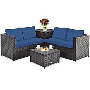 DORTALA 4-Piece Outdoor Patio Furniture Set, Weather Resistant PE Rattan Conversation Set with 2 Loveseats, Outdoor Sectional Sofa Set with Comfy Cushions for Garden and Poolside, Navy