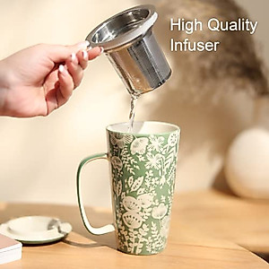 Taimei Teatime Ceramic Tea Cup with Infuser and Lid, 17 oz Tea Infusion Mug with Large Strainer for Loose Leaf Tea,Green