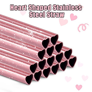 NiHome Reusable Straws 16 Pack, Stainless Steel Drinking Straws, Heart Shaped Metal Straw Bulks with 2 Cleaning Brushes for Smoothies Tumblers Cocktail MilkShake, Pearl Pink