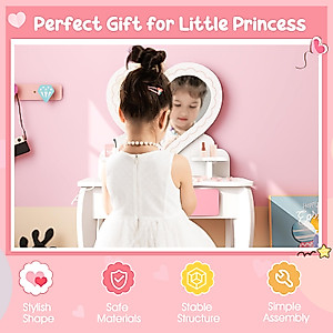 Costzon Kids Vanity Set, Girls Vanity Set with Mirror and Stool, Accessories, Drawer & Storage Shelf, Wooden Princess Makeup Dressing Table, Pretend Play Vanity Table and Chair Set for Toddlers, White