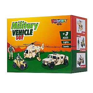 Dazmers Military Army Toys, Action Soldier Figures and Vehicles Set - Army Helicopter Toy, Truck, Quadbike - Lights and Sounds - Friction Powered Army Trucks