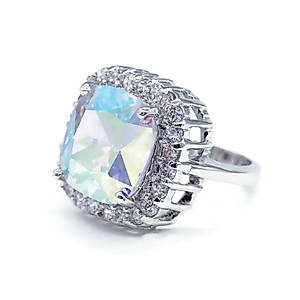 Glamour Rings Large Silvertone Statement Ring with Aurora Borealis Crystal and Small CZ Surround Stones Size 10