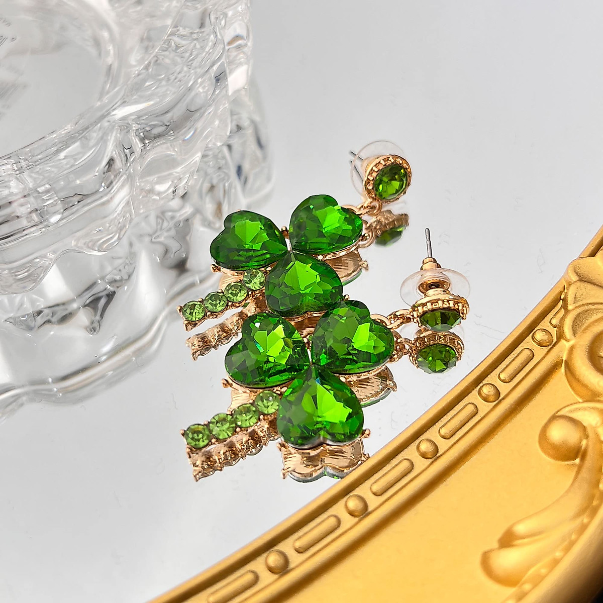 St. Patrick's Day Silver Elegant Drop Earrings Clover Charm Crystal Green Earrings For Women Lady Fashion Jewelry