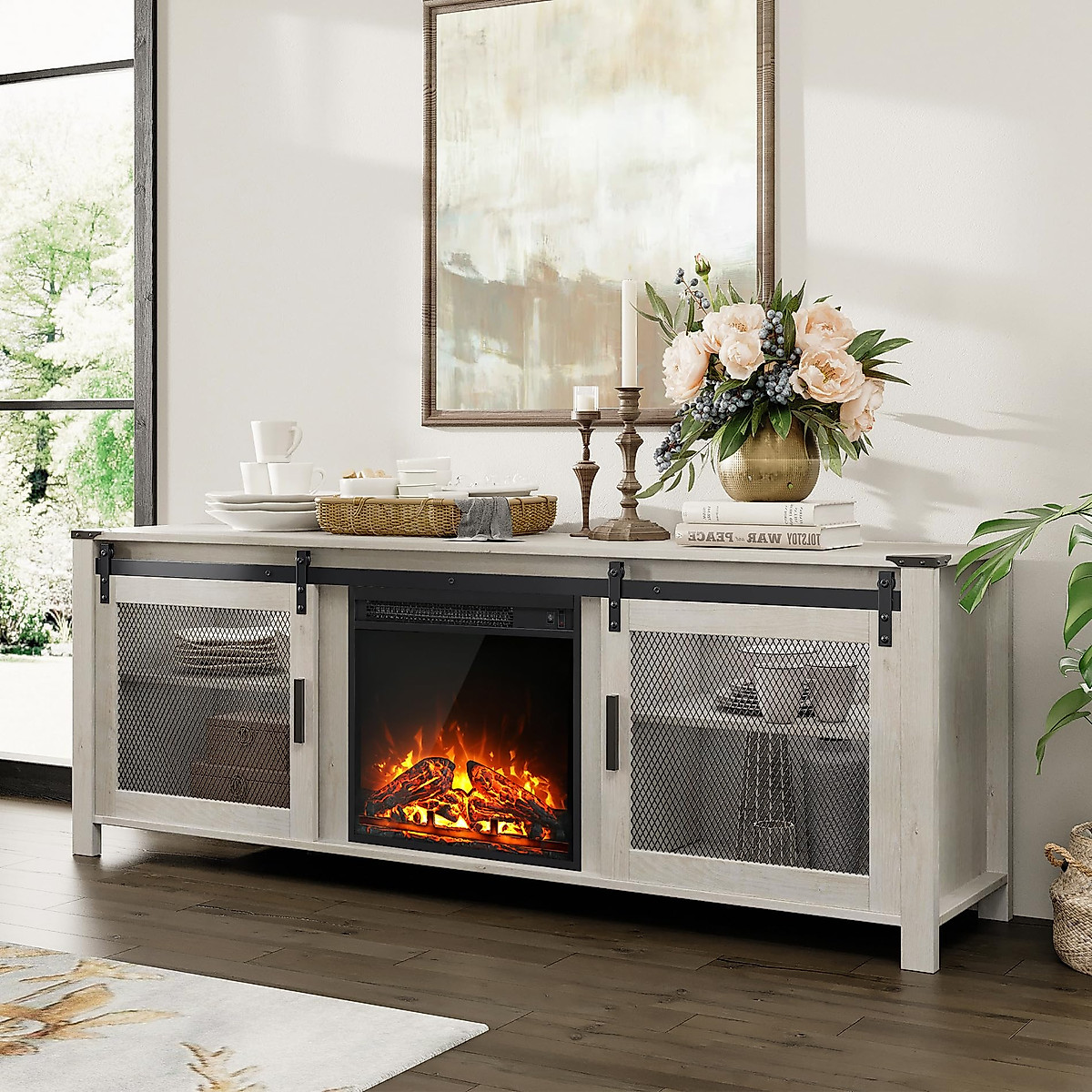 WAMPAT Fireplace TV Stand for ups to 75 inch TV,Industrial & Farmhouse Sliding Barn Door Media Console,Rustic Entertainment Center Cabinet for Living Room Bedroom,White