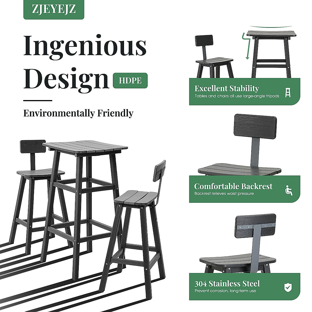 ZJEYEJZ Bar Height Chairs Set of 2, HDPE Front Porch Chairs Set, Weather Resistance Outdoor Bar Stools Set for Spas, Cafes, Swimming Areas, Lodges and Hotels