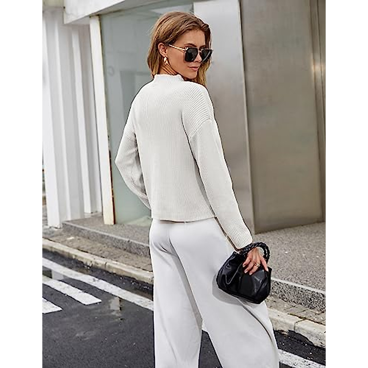 Bianstore Women's Two Piece Outfits Long Sleeve Knit Top Fall Sweater Set Loose Pants Sweatsuit Lounge Sets(PureWhite-M)
