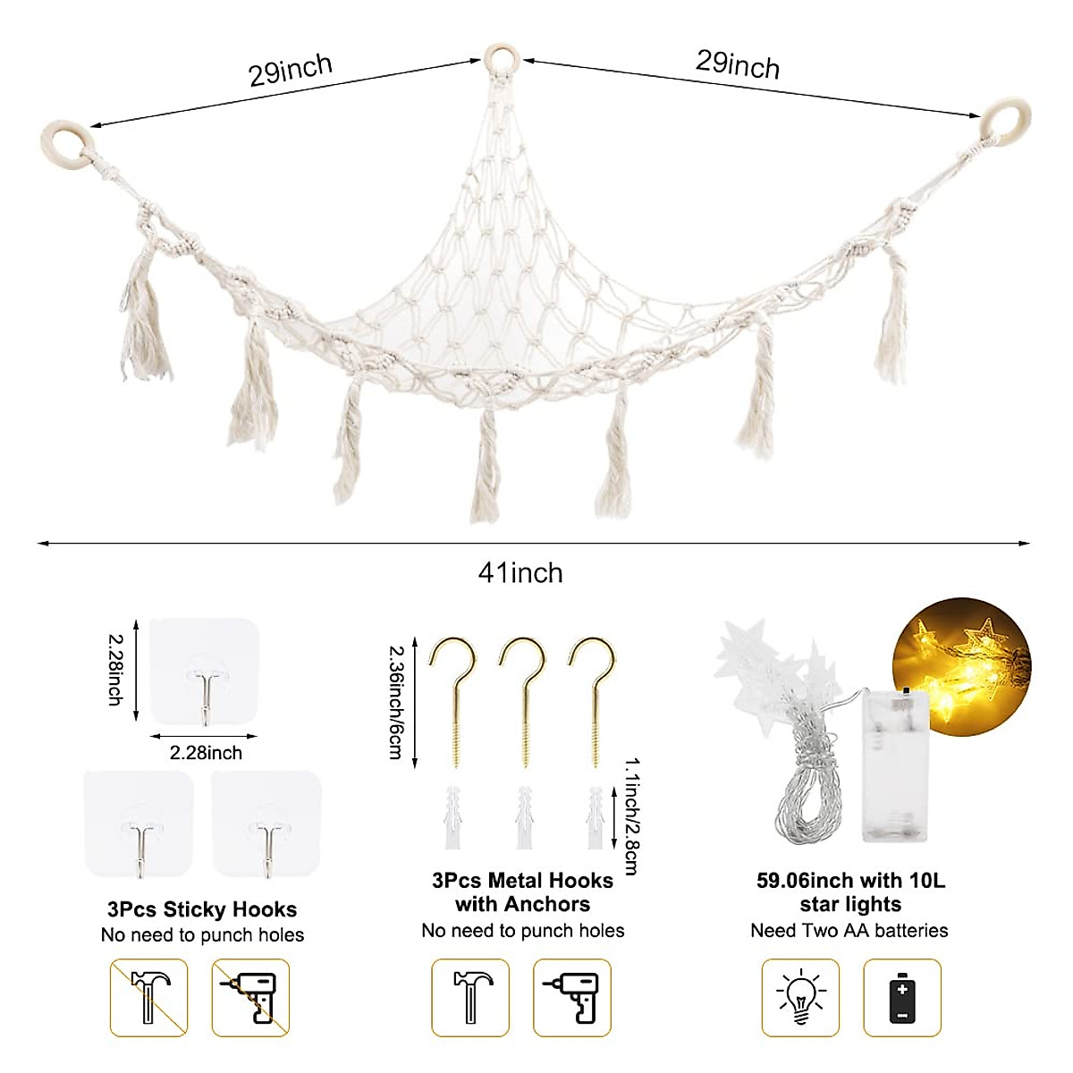 Stuffed Animal Hammock, 41inch Hand-Woven Toy Hammock Boho Tassel Macrame with Star Light String Corner Hanging Organizer Storage Plush Toys Net Holder for Nursery Play Room Kids Bedroom Decoration