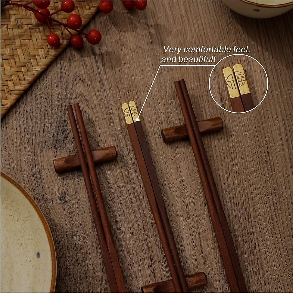 CHENWENTAO ''Fu'' chopsticks reusable gift solid wood suitable for making exquisite small gifts 5 pairs per box, reddish brown