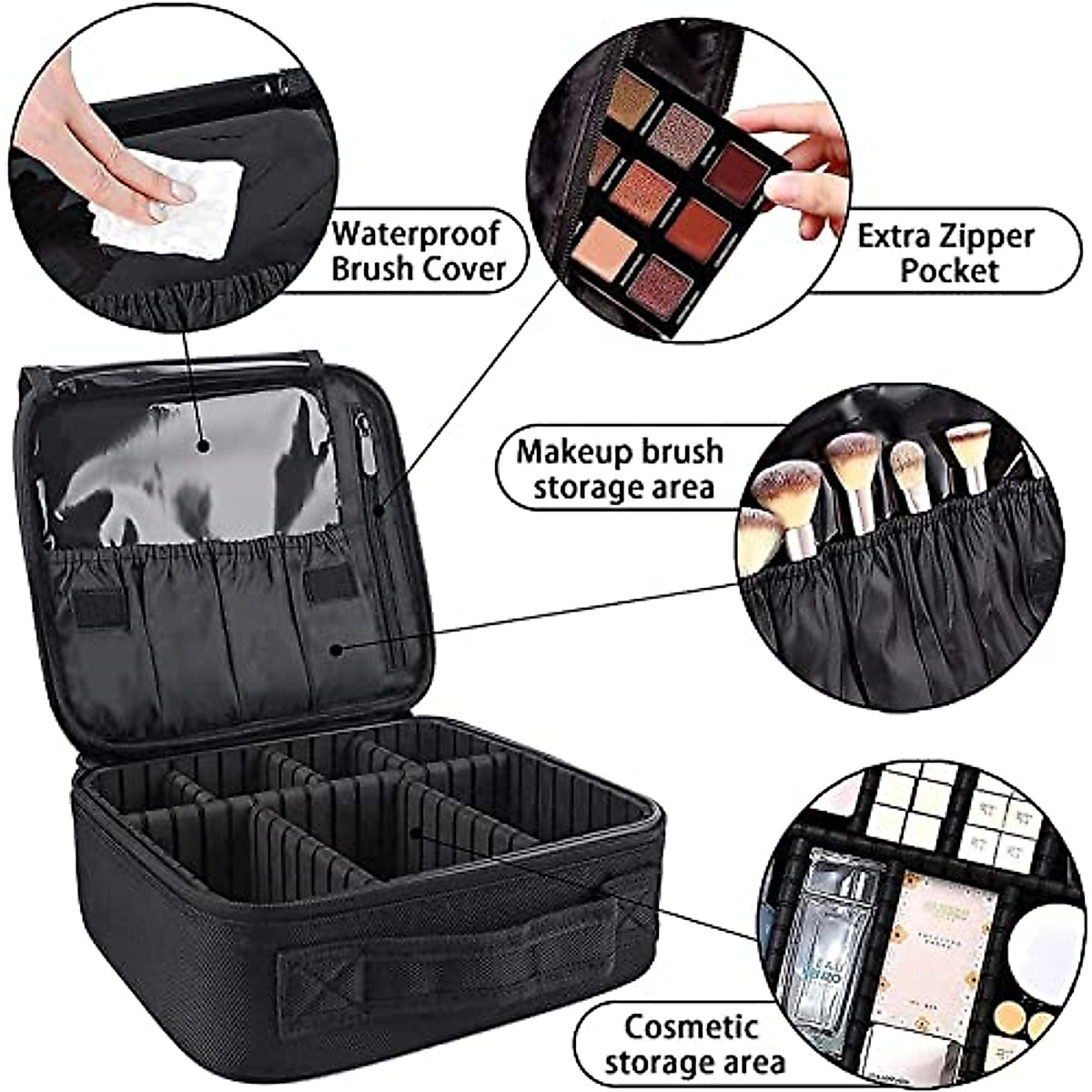 DISEN Makeup Bag Organizer, with Extra 3 Brushes, Adjustable Dividers, Cosmetic Bag Portable Travel Case Waterproof and Durable, for Women