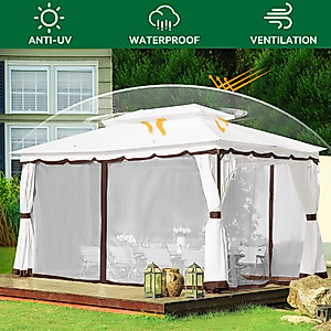 MEWAY Patio Gazebo 10x13 Gazebo with Mosquito Netting Aluminum Outdoor Gazebo Canopy with Curtains for Backyard Lawn Garden Deck, White Brown