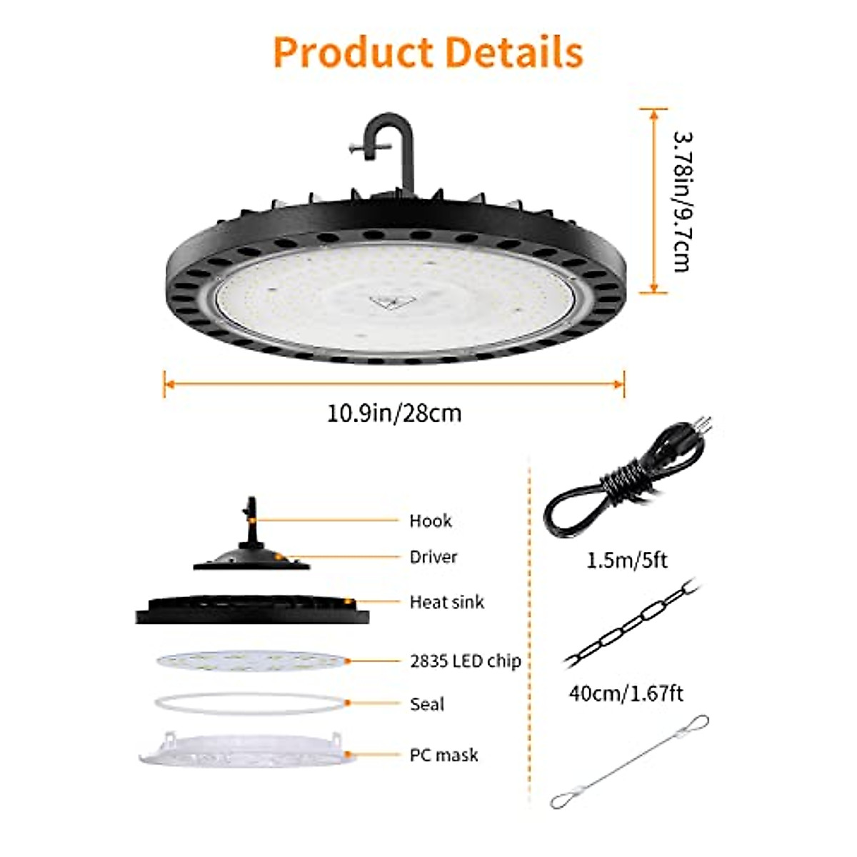 LED High Bay Light, 200W UFO LED High Bay Lights, 24000LM 5000K LED Shop Lights with US Plug 5' Cable Bay Lights, IP65 Warehouse Light, Area Light Bay Lighting for Shop Garage Barn Warehouse Workshop