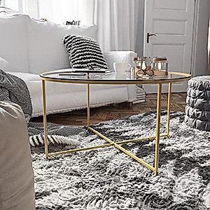 Flash Furniture Greenwich Collection Coffee Table - Modern Clear Glass Coffee Table - Crisscross Brushed Gold Frame