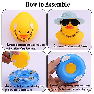 LUTER Car Duck Decoration Dashboard, Rubber Duck Car Decoration Little Yellow Duck Car Decoration for Car Dashboard Decoration Accessories with Gold Chain Straw Hat Sunglasses (Blue Swim Ring )