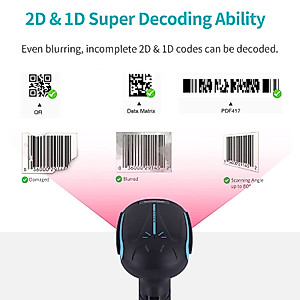 Alacrity 2D 1D QR Industrial Barcode Scanner with Stand, Bluetooth 2.4GHz Wireless 2 in 1, Shock Dust Proof, Hands Free Barcode Reader, Blue