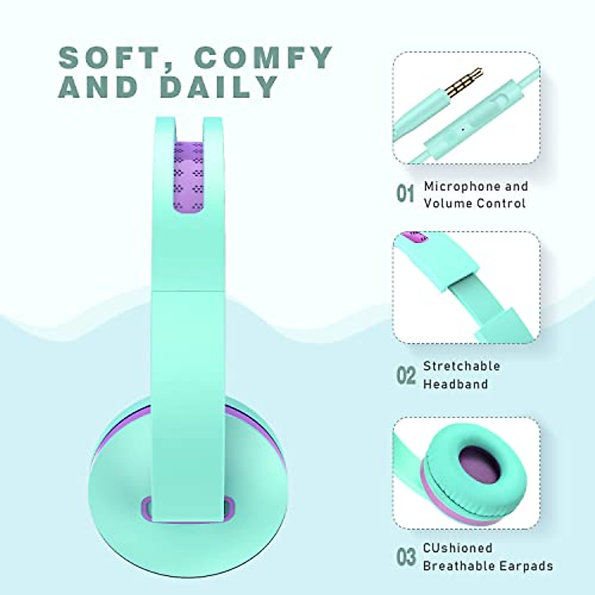 Kids Headphones for School, Volume Control Foldable&Adjustable On-Ear Headphones for Kids Boys Girls, 3.5mm Jack Stereo Wired Headphones for Phone, Tablet, Kindle, School/Travel Mint