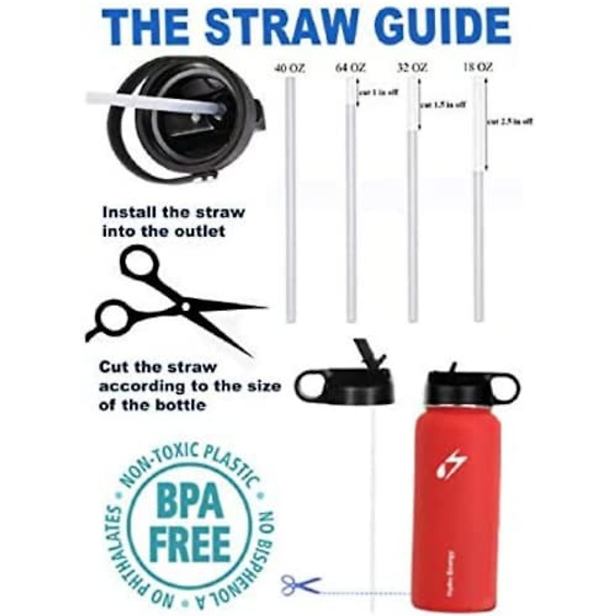 Hydro Energy [6-Pack 9.5-Inch] Replacement Straws for Hydro Flask Wide Mouth Water Bottle, 6 Straws and a 2 Straws Brushes Included