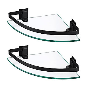 KES Bathroom Tempered Glass Shelf with Rail Extra 8 MM-Thick 2 Pack Aluminum Corner Triangle Storage Organizer Wall Mount Black, A4120A-BK-P2