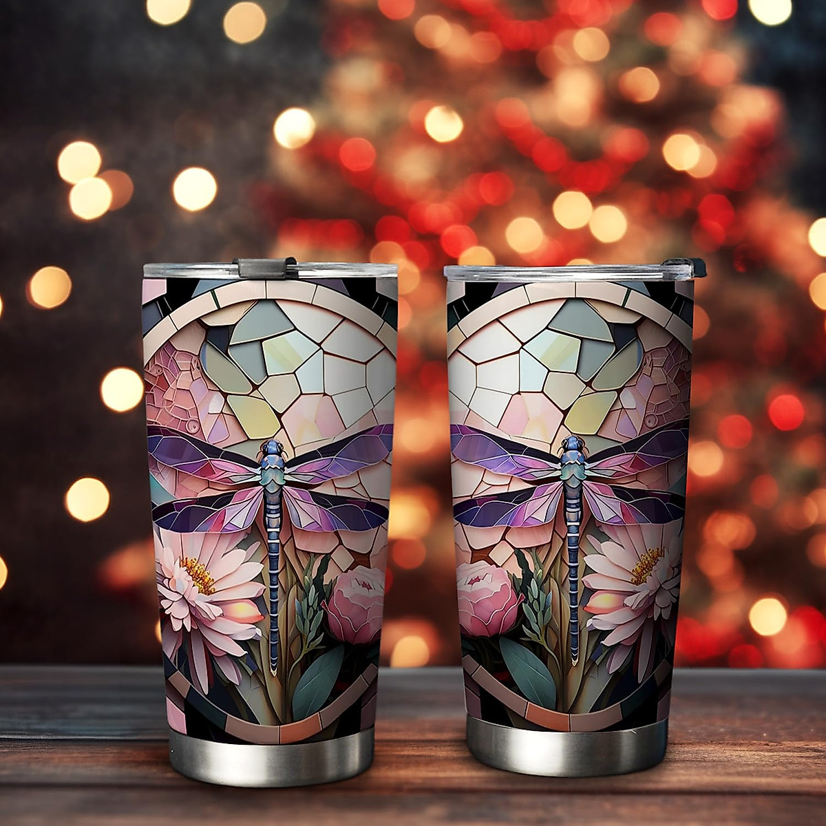 ORCAE 20oz Pink Crystal Stained Glass Flower Dragonfly Tumbler, Gifts for Dragonfly Lovers, Coffee Thermos for Women, Stainless Steel Double Wall Vacuum Insulated Coffee Mug, Travel Cup with Lid - E