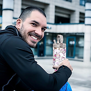 PRAGDUCT Cow Skull Tumbler with Handle and Lid Straw, 30 oz Stainless Steel Travel Mug for Hot and Cold Drinks, Mother's Day gift West Floral Design (White cow skull, 30OZ)