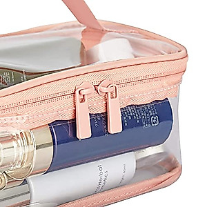 HAOGUAGUA Tsa Approved Clear Travel Toiletry Makeup Bags with Zipper and Handle Waterproof Transparent PVC Cosmetic Bag (Medium, Pink)